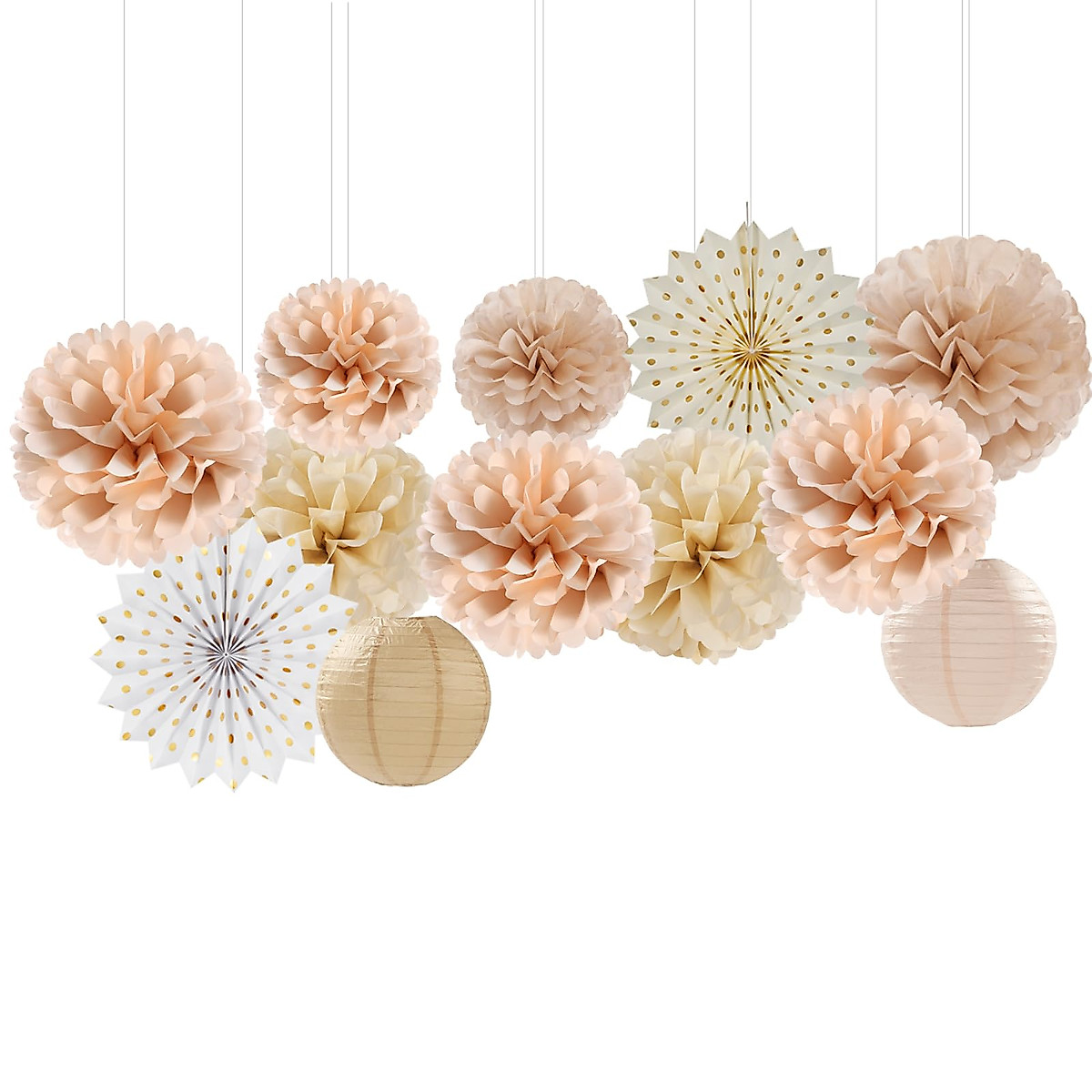 Beige-Champagne Gold White-Peach Boho Party-Decorations - 20pcs Neutral Baby Shower Rustic Wedding Paper Lanterns Fans,Tissue Pom Poms,Honeycomb Balls,Bunting,Birthday Bridal Decor Burgleda