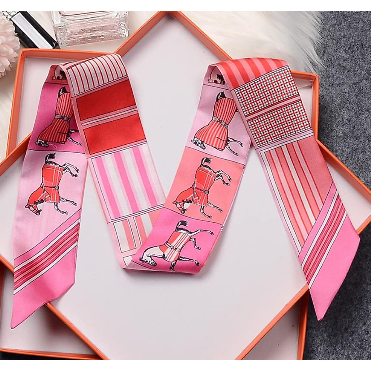 JERLA 100% Mulberry silk Scarf Bag scarf Head Hair Ribbon Handbag Handle wrap Tie Bundle Scarf Neckerchief Scarf for women (Horse pink)