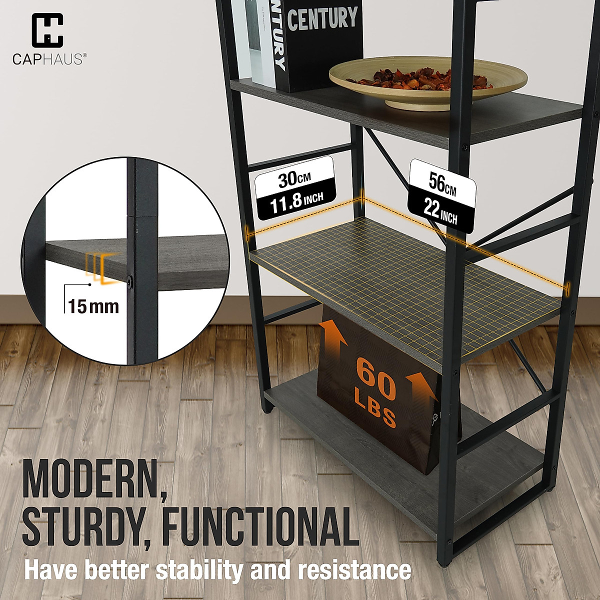 CAPHAUS 2 Tier Small Bookshelf, 24 Inch Width Free Standing Shelf, Bookcase Shelf Storage Organizer, Industrial Book Shelves for Home Office, Living Room, Dark Grey Shelves & Metal Frame