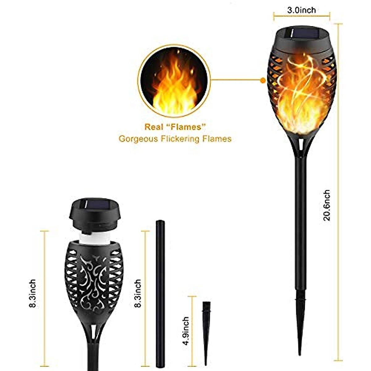 Solar Flame Torch Lights Outdoor, 12LED Solar Torch Lights with Flickering Flame, Waterproof Landscape Decoration Flame Lights for Halloween Christmas Garden Pathway Yard Patio, Auto On/Off Lighting