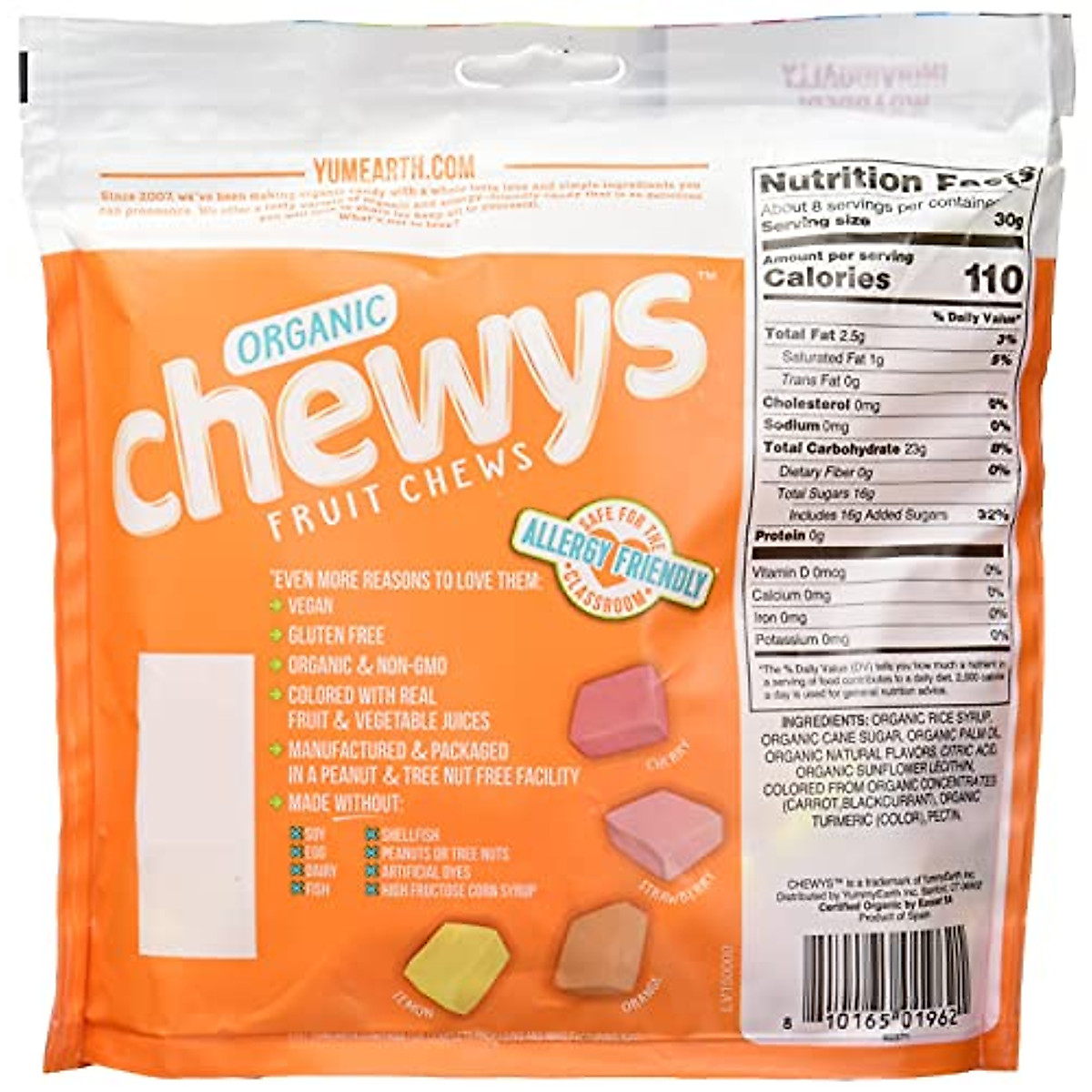 YumEarth Organic Chewys Fruit Flavored Candy Chews, 8 oz, Allergy Friendly, Gluten Free, Non-GMO, Vegan, No Artificial Flavors or Dyes (Pack of 1)