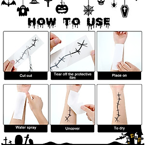 20 Sheets Halloween Stitches Tattoo Stickers Fake Scars Temporary Tattoos Horror Cosplay Accessories for Adult Kids Girls Gifts Halloween Party Decor