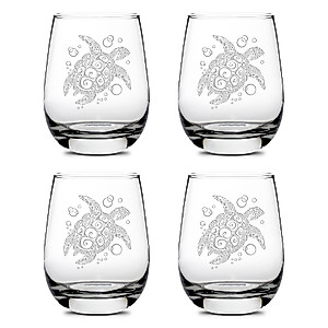 Integrity Bottles Tribal Sea Turtle Design, (Set of 4) Stemless Wine Glass, Handmade, Handblown, Hand Etched Gifts, Sand Carved, 16oz