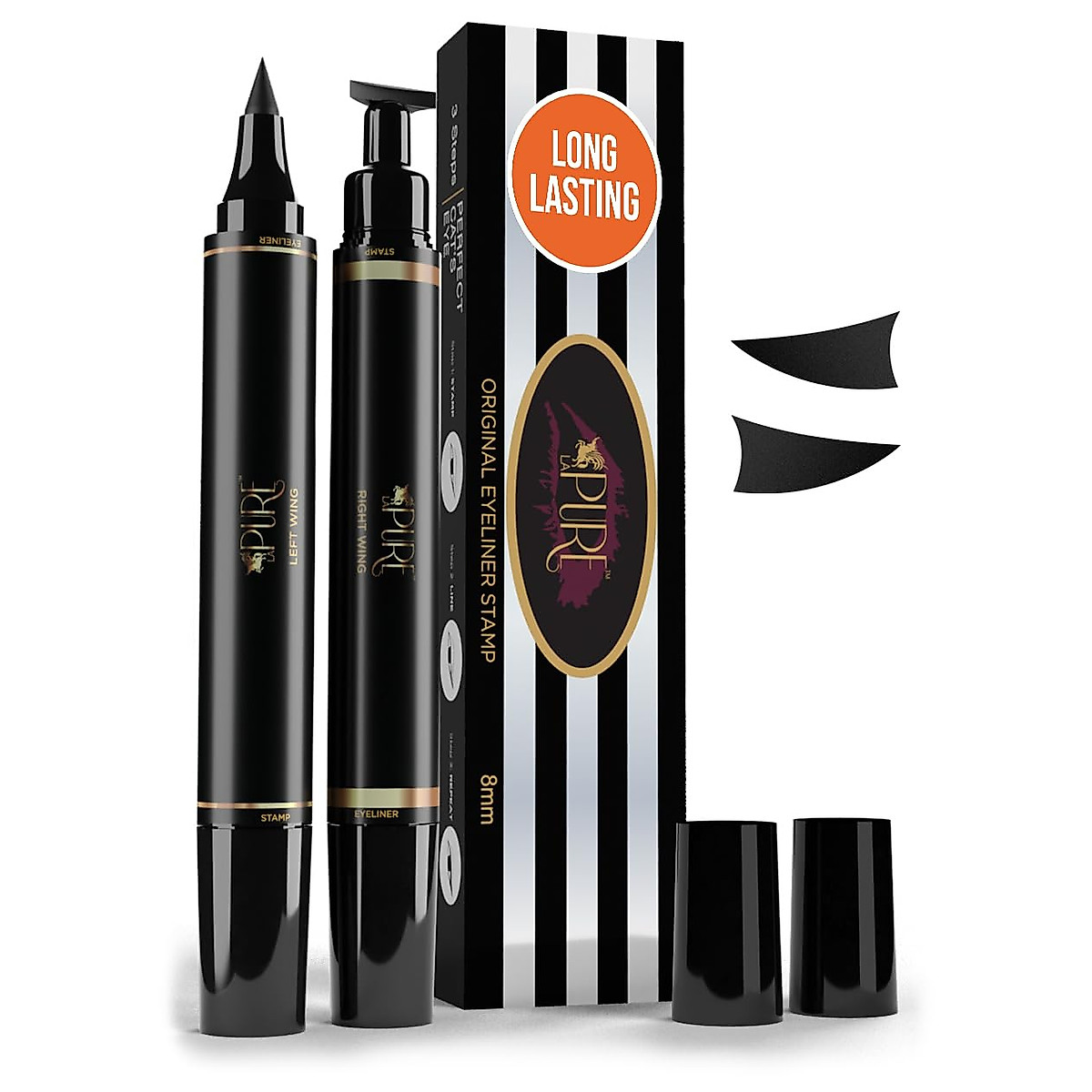 LA PURE Waterproof Liquid Eyeliner Stamp Winged Eyeliner Tool 2x Cat Eye Winged Eyeliner Stamp & Fine Tipped Pen Eyeliner Stencil Smudge Proof Black Eye Liner Tiktok Trend Items Wing Stamp - Black 8mm