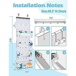WERNNSAI Dinosaur Door Hanging Organizer - Over Door Storage with 4 Large Pockets 3 Clear Small Pockets for Kids 49” x 14” x 5” Baby Storage Toys Towels Sundries for Children Room Bedroom Kitchen