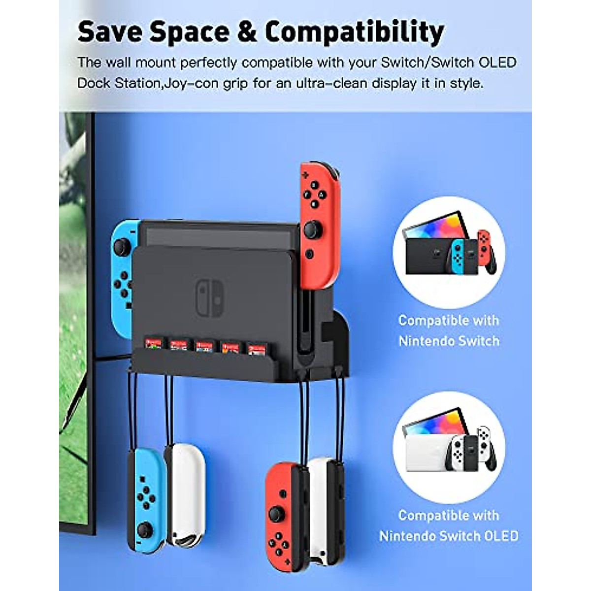 ZAONOOL Wall Mount for Nintendo Switch and Switch OLED, Wall Mount Kit Shelf Stand Accessories with 5 Game Card Holders and 4 Joy Con Hanger, Safely Store Your Switch Console Near or Behind TV (Black)