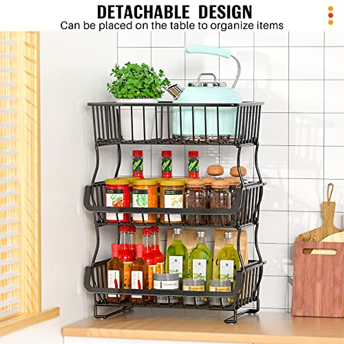 Fruit Vegetable Basket for Kitchen, 5 Tier Stackable Metal Wire Storage Basket Organizer Baskets with Rolling Wheels, Utility Rack for Kitchen, Pantry, Bathroom