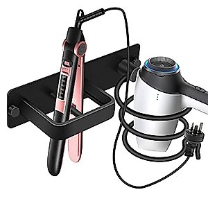 Black Hair Dryer Holder Wall Mounted, Bathroom Hair Styling Care Tool Organizer for Blow Dryer, Hair Straighteners, Space Saving Storage Bracket with Plug Hook & Cup