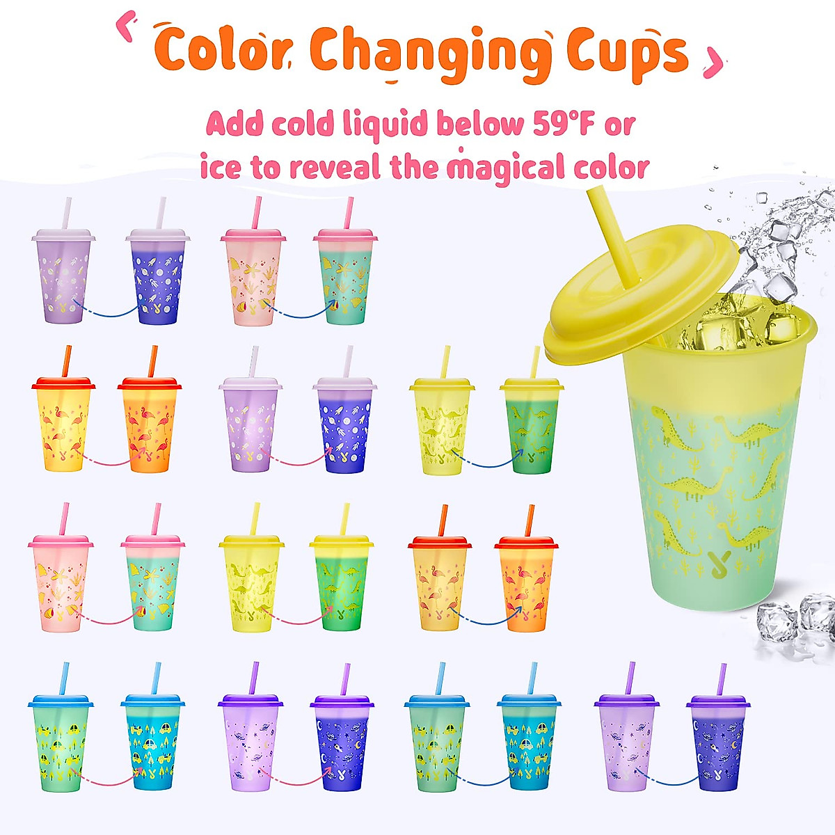 Meoky Color Changing Cups with Lids and Straws - 12 Pack 12 oz Plastic Tumblers with Lids and Straws Bulk, Kids Cups with Straws and Lids for Girls Boys Party Smoothie, Reusable Cute Cups (Childhood)