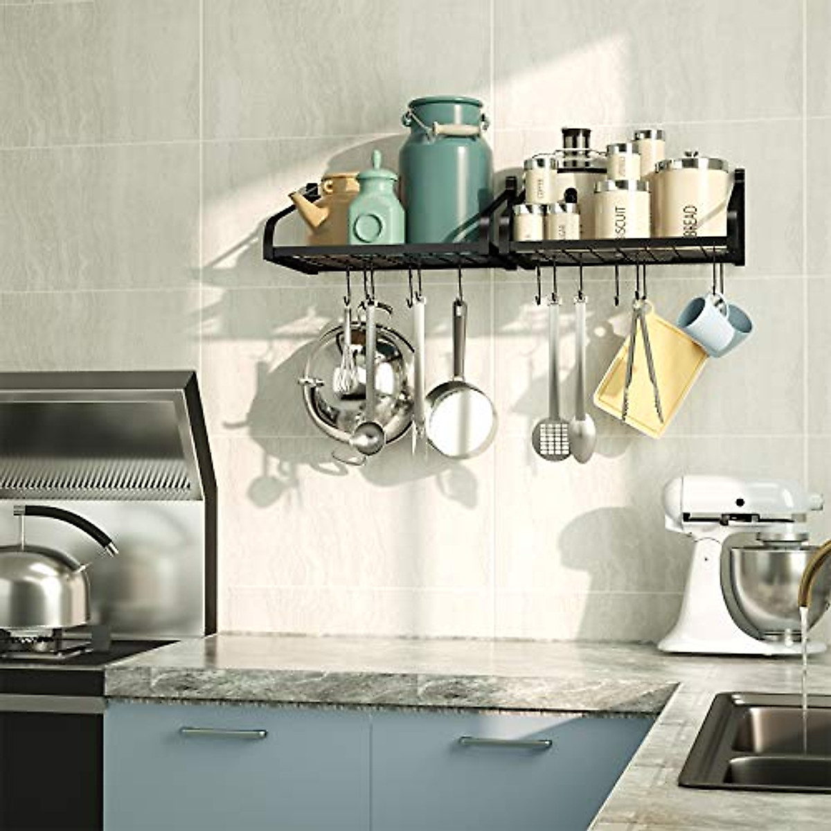 Love-KANKEI Pot Rack Wall Mounted Set of 2 Pan Pot Organizer Wall Shelves with 16 Hooks for Kitchen Cookware Utensils Organization Black