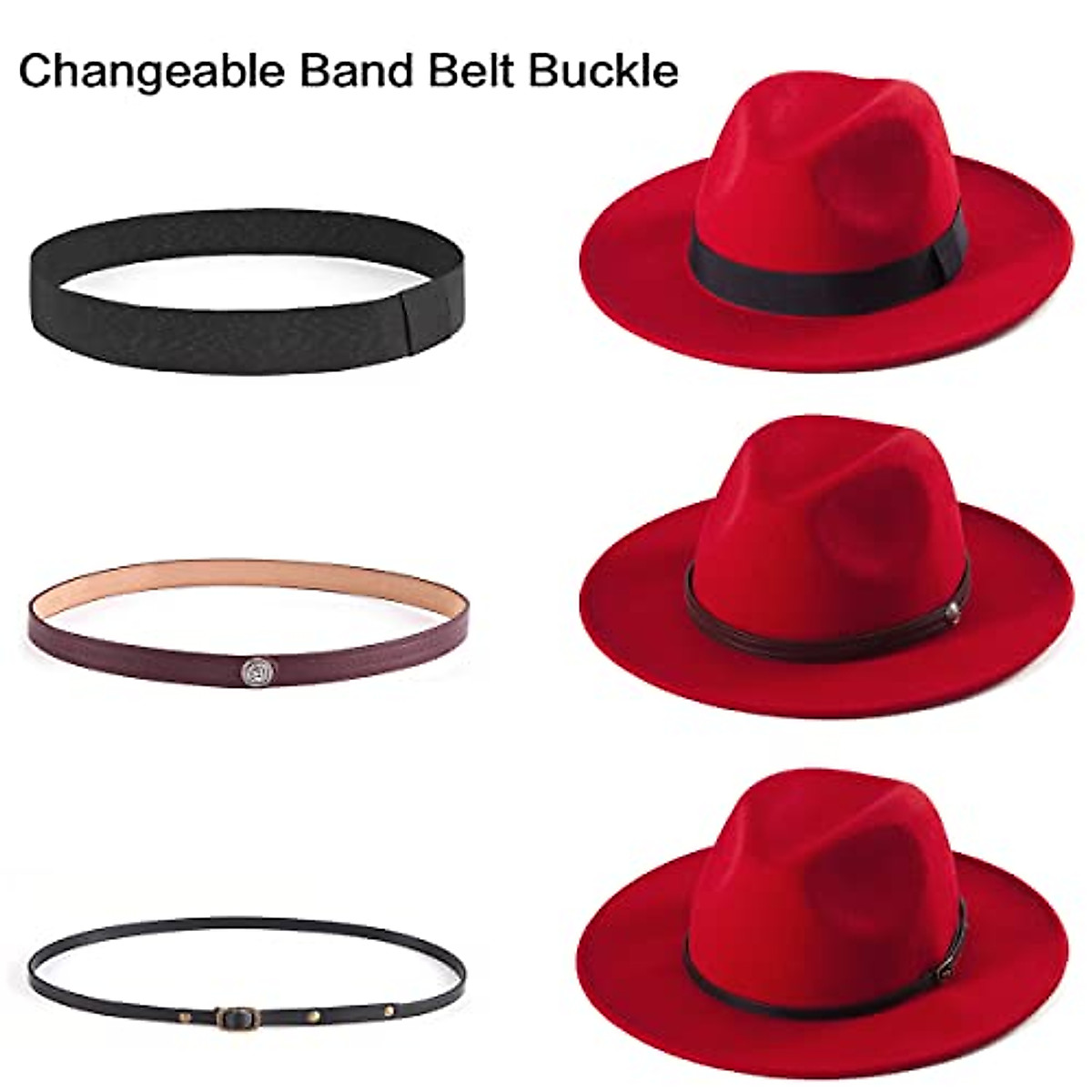 LADYBRO Fedora Hats for Women Wide Brim Hat, Incld 3 Decor Belts, Wool Felt, 58cm Adjustable Women's Fedora (Wool, Red, fit for 22" - 22 7/8")
