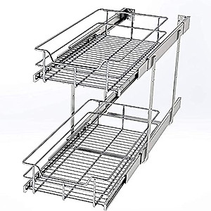 STORKING 2 Tier Wire Basket Pull Out Organizer Shelf Sliding Drawer Storage for Kitchen Base, Double-Tier Heavy Duty Cabinets Chrome-Plating, 21”W x 22”D Cabinet Opening Wire Frame Plating Finish