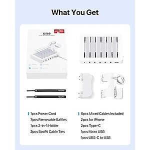SooPii 60W 6-Port Charging Station for Multiple Devices, PD 20W USB C Fast Charging for lPhone 14/13/12,6 Short Cables Included, 2 in 1 Holder,for Phones,Tablets and Others,White