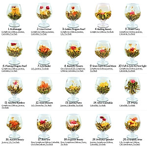 Prettyard Organic Variety Flavors Blooming Tea Flowers, Chinese Artistic Flowering Natural Green Tea Ball Gift Set + Edible Flowers - 20PC/Set = (20 Different Flavors)-Gift For Tea Lovers