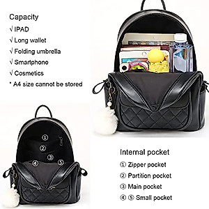 Backpack for Women Small Cute leather, Mini Rucksack Lightweight Travel for Teen Girls with Cat Shaped Lock, black, Small