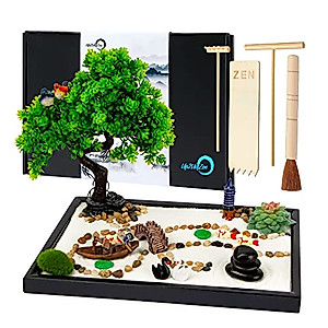 Up2UofZen Authentic Zen Garden Kit, 12x8in Large Solid Wood Sand Tray Therapy Set, 4 Bamboo Tools, 12 Accessories, Home & Office Desktop Meditation Decor, Unique Relaxation Gifts for Women Man Friends