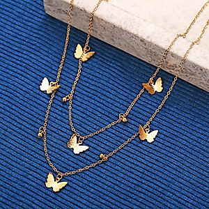 fxmimior Gold Simple Dainty Boho Butterfly chunky Chokers Necklace Layered Circle Necklace Bar Y Pendant Necklace for Women