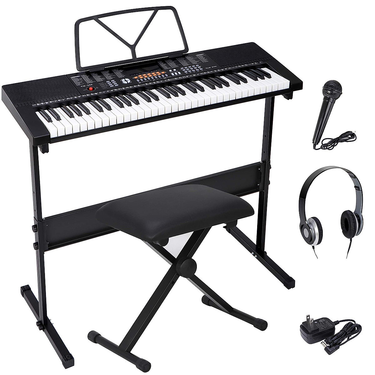 Smartxchoices 61-Key Electronic Keyboard Piano Stand Portable LED Display Keyboard Kit with Adjustable Stand, Adjustable Stool, Headphones, Microphone & Music Stand