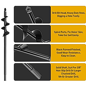 RVOREN Auger Drill Bit for Planting - Planting Auger for Cordless Drill, Black Bulb Auger 1.6″x9″, 1.6″x16″, 3″x12″, 4″x12″ Set for Garden Plants Bulbs