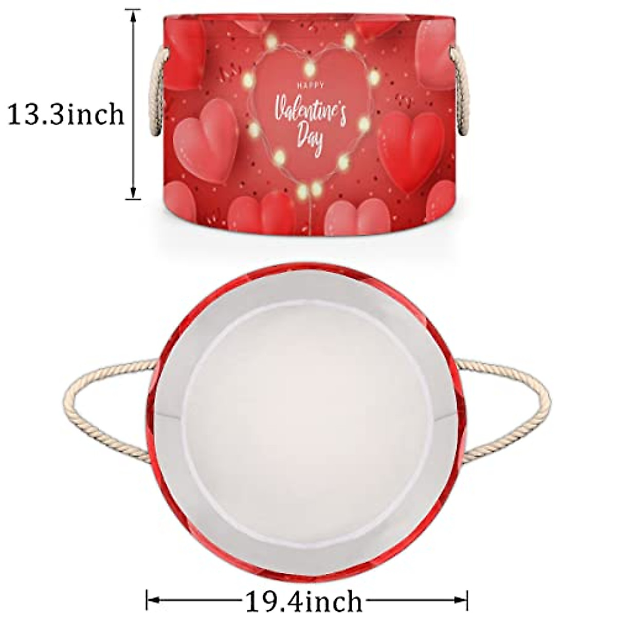 Red Valentines Day Love Heart (17) Large Round Baskets for Storage Laundry Baskets with Handles Blanket Storage Basket for Bathroom Shelves Bins for Organizing Nursery Hamper Girl Boy