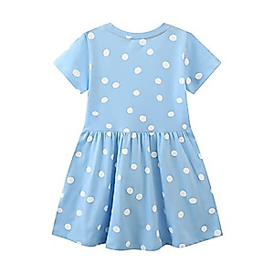 KISSOURBABY Little Girls Soft Summer Cotton Short Sleeve Dresses T-Shirt Casual Cartoon Dress(Blue White dots ladybug-7T)
