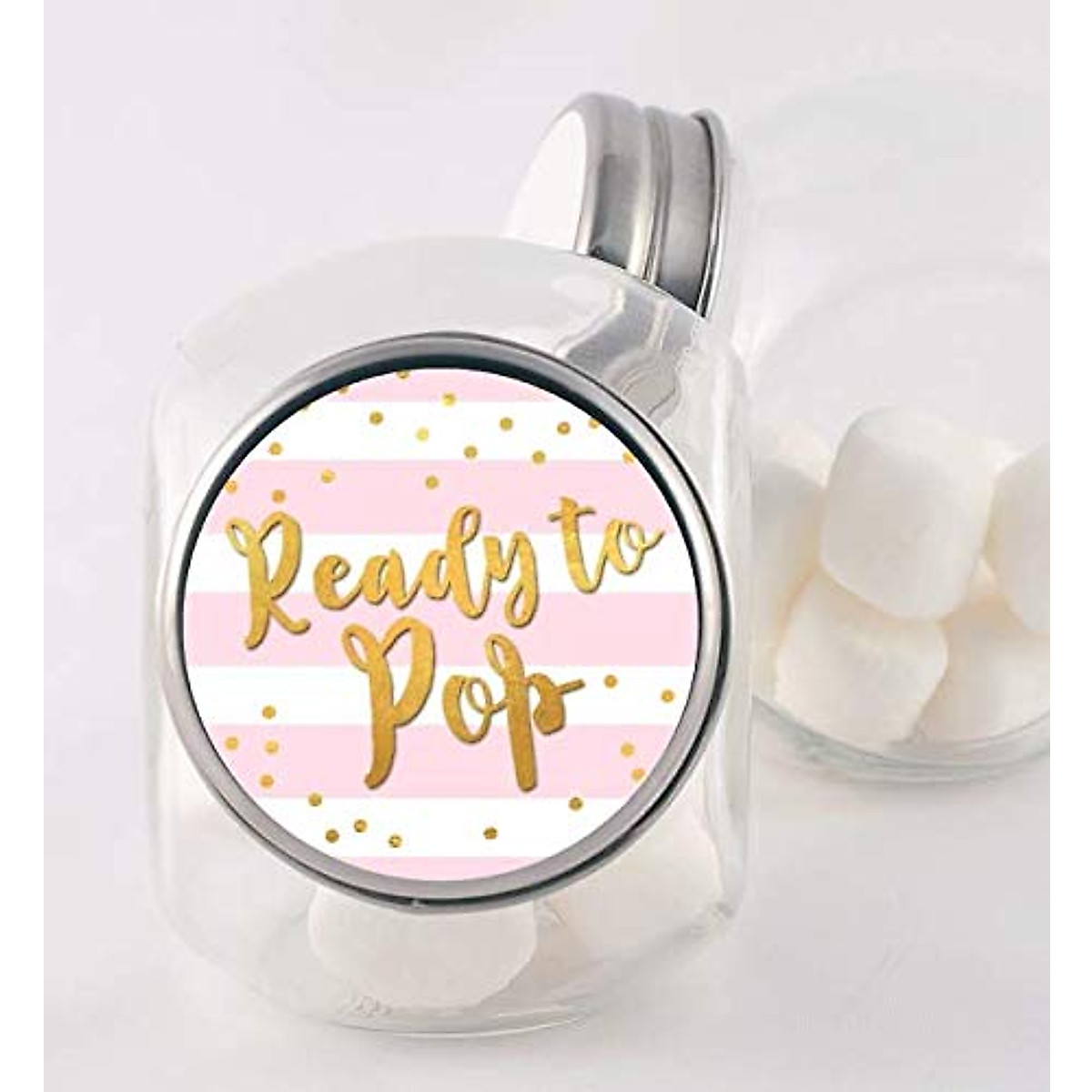 Stripe Ready to Pop Stickers, Faux Metallic Gold, 2 Inches Round - 40 Stickers, Ready to Pop Baby Stickers for Popcorn Baby Shower, Baby Shower Party Favors for Boy or Girl - (Pink)