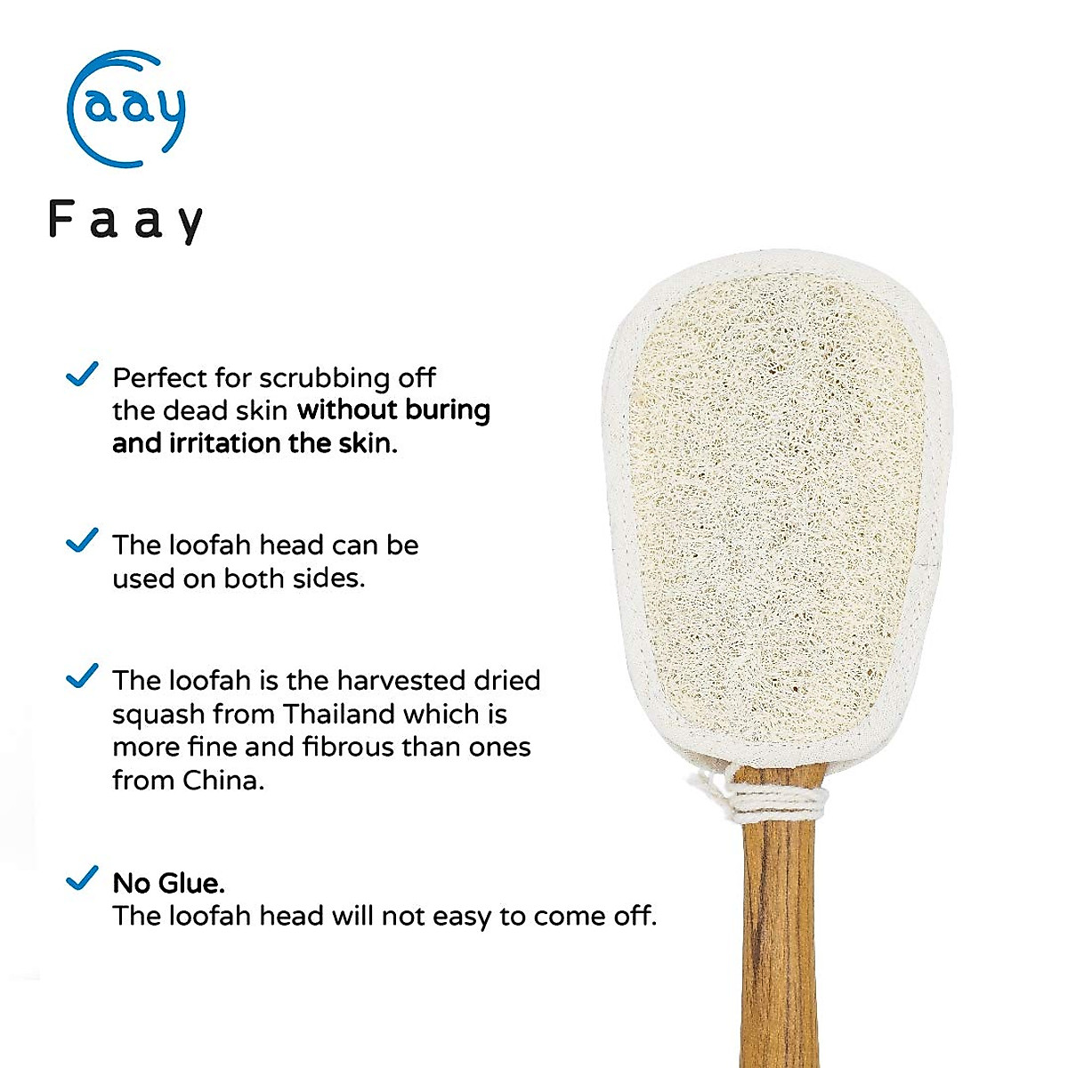 FAAY 17 Inch Natural Exfoliating Loofah Back Scrubber On a Stick with Luffa Sponge Pads Refills – Long Handle Loofa Body Bath & Shower Brush for Men & Women