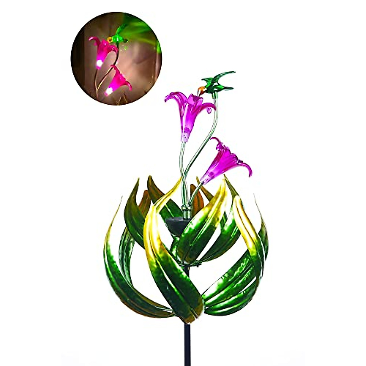 Solar Hummingbird Tulips 69 Inch Wind Catcher for Yard Kinetic Wind Spinner with Garden, Metal Windmill-Kinetic Garden Decoration, 360 Swivel Hummingbird Tulips Outdoor Wind Sculpture Spinners