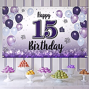 LASKYER Happy 15th Birthday Purple Large Banner - Cheers to Fifteen Years Old Birthday Home Wall Photoprop Backdrop,15th Birthday Party Decorations.