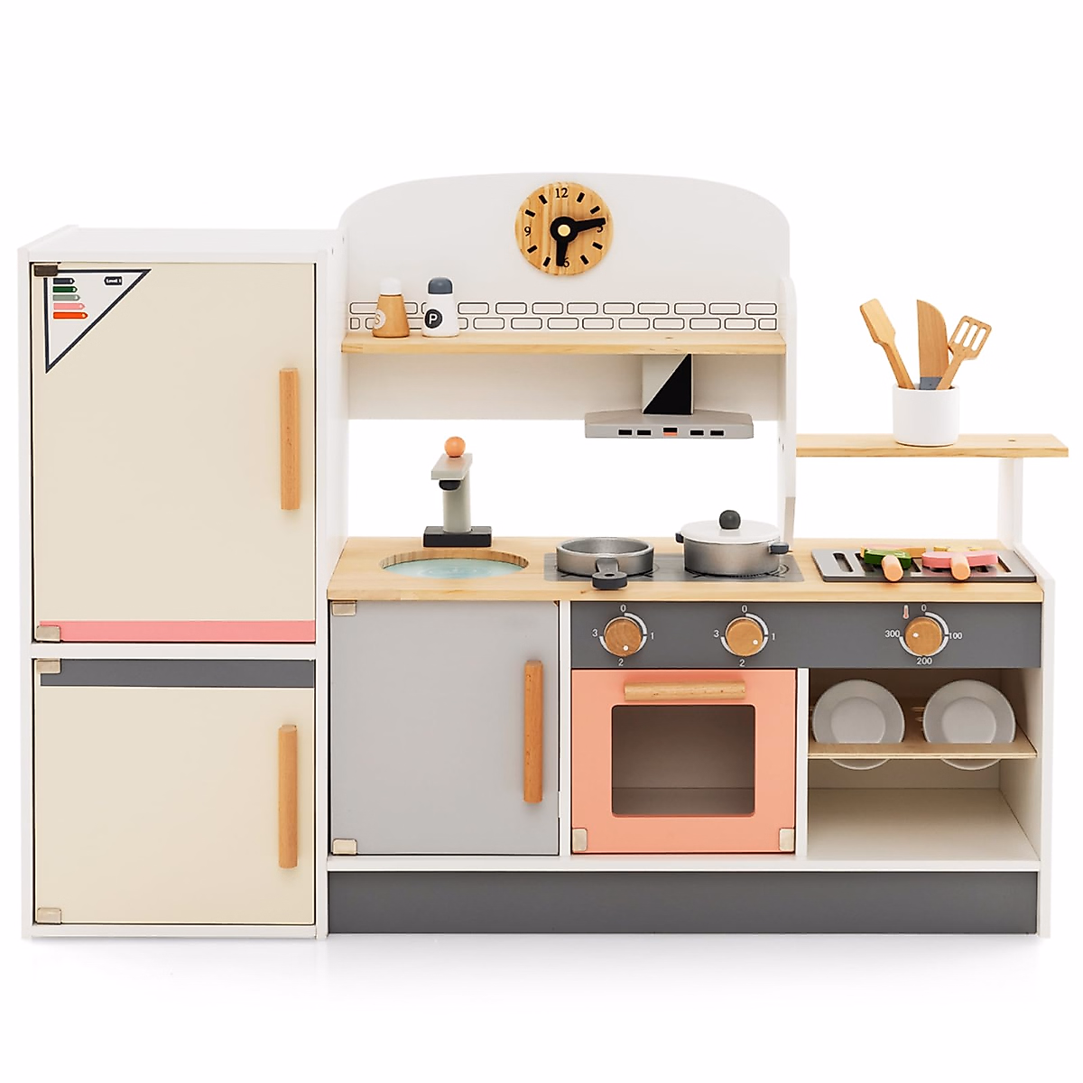 HONEY JOY Kids Kitchen Playset, 3-in-1 Wooden Play Kitchen for Toddlers & Refrigerator & Barbecue Grill Set, Range Hood, Bowl Rack, Little Chef Pretend Toy Kitchen Set, Gift for Boys Girls, Natural