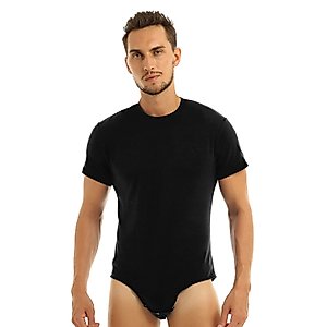 renvena Mens Press Button Crotch Shirt Bodysuit Short Sleeve Leotard Undershirt Romper Black 4X-Large