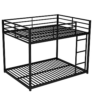 SOFTSEA Low Bunk Bed with Built-in Ladder Full Over Full Floor Bunk Beds Heavy Duty Metal Bunk Bed with Full-Length Guardrail