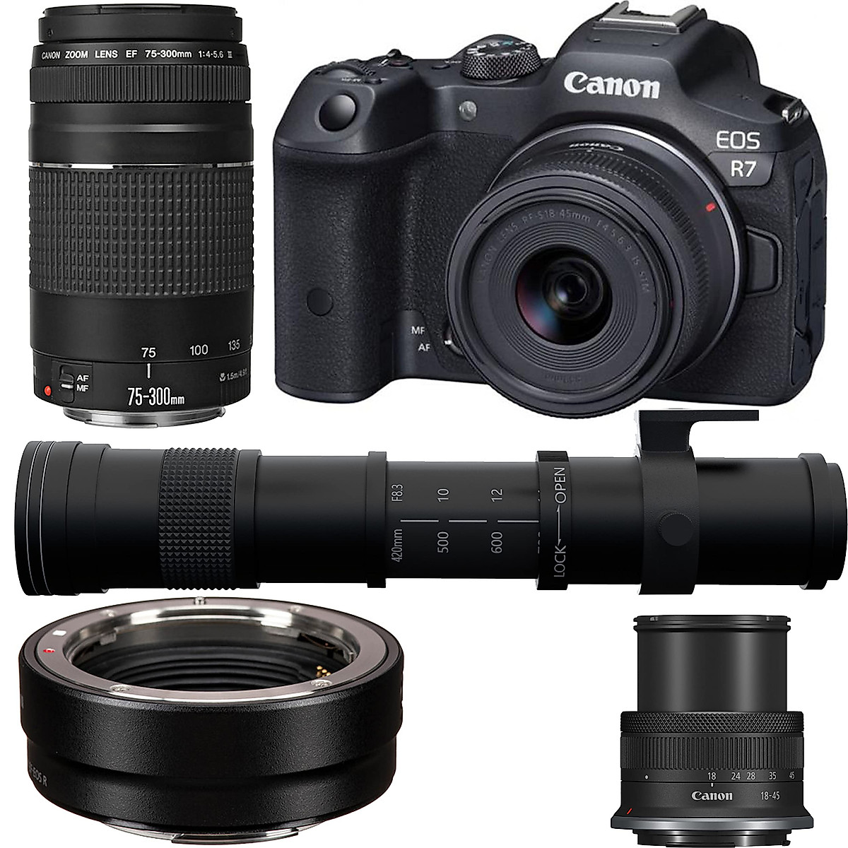 Canon EOS R7 Mirrorless Camera with 18-45mm, EF 75-300mm & 420-800mm Lenses + Mount Adapter + 20 Essential Accessories for Content Creators