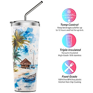 THILY Vacuum Insulated Stainless Steel Tumbler Travel Mug 26 oz Coffee Cup with 2 Lids and Straws, Splash Proof, Reusable, Keep Iced Drinks Cold, Coastal Breeze