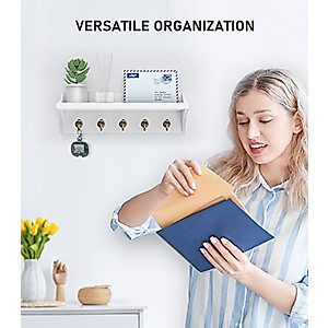 buways Key Holder for Wall-Farmhouse Key and Mail Holder for Wall with 5 Rustic Key Hooks,Wall Key Holder Rack with Shelf Décor for House Entryway（White