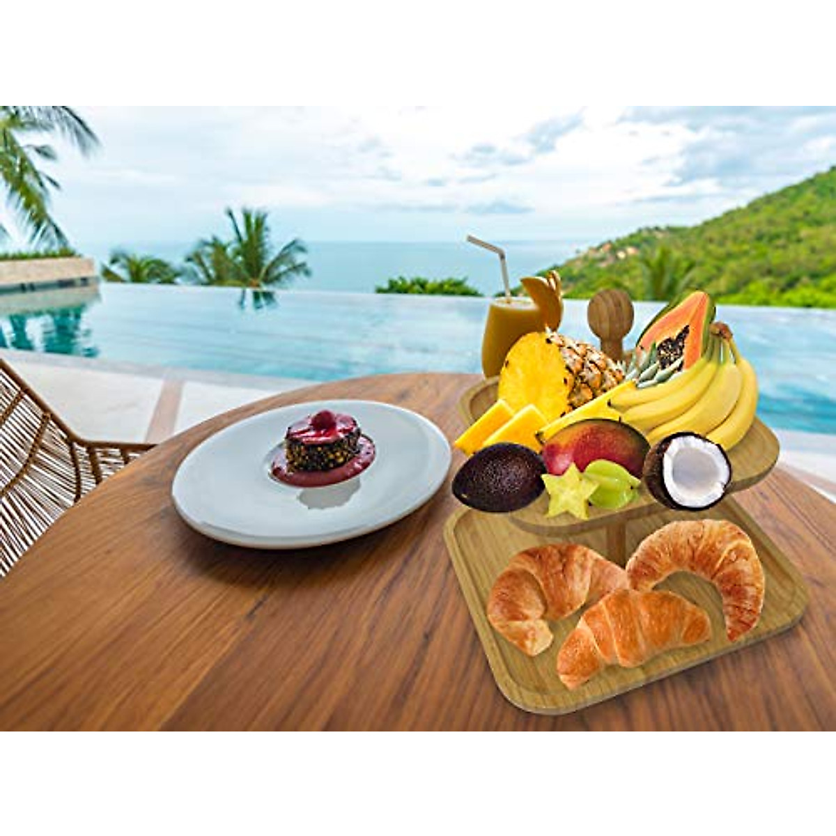 Decorative 2-Tier Square Bamboo Serving Tray with Wooden Handle - Cupcake Stand - Home Decor for Kitchen Counter, Dining Room Table, and Coffee Bar - 9.5" x 9.5" x 10"