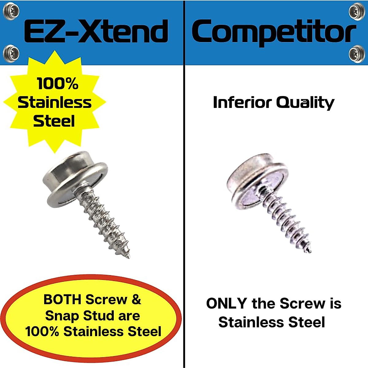EZ-Xtend Stainless Steel Screws Marine Grade 5/8" #8 Boat Cover Snaps. Premium Snap Button Kit Includes 10 pcs of Screw in Snap Fasteners, 10 Flexible Clear PVC Vinyl Backing Washers Fastener Hardware