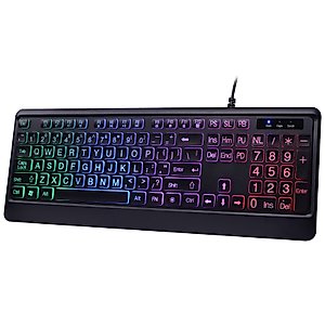 KOPJIPPOM Backlit Wired Keyboard - Large Print Computer Keyboards with Rainbow Backlight, Silent USB Wired Keyboard, Light Up Keyboard for Computer, PC, Gaming - Easy to See and Type