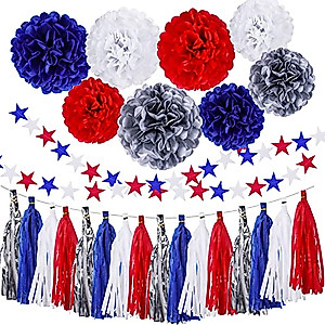 30PCS 4th of July Patriotic Party Decorations Tissue Paper Pom Poms Flowers Blue Red Silver Tassels Garland Star Streamers Memorial Independence Day Party Supplies