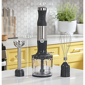 GE Immersion Blender | Handheld Blender for Shakes, Smoothies, Baby Food & More | Includes Whisk & Blending Jar | 2-Speed | Interchangeable Attachment for Easy Clean | 500 Watts | Stainless Steel