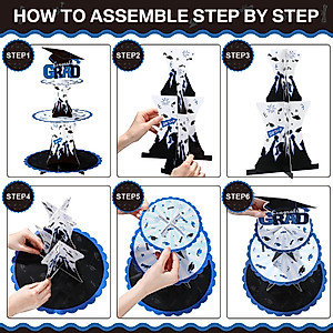 Nuenen 2 Pieces Graduation Cupcake Stand 3 Tier Black Graduation Cupcake Holder 2024 Congrats Grad Cupcake Holder Dessert Tower for Graduation Party Decorations Supplies Favors (Blue)