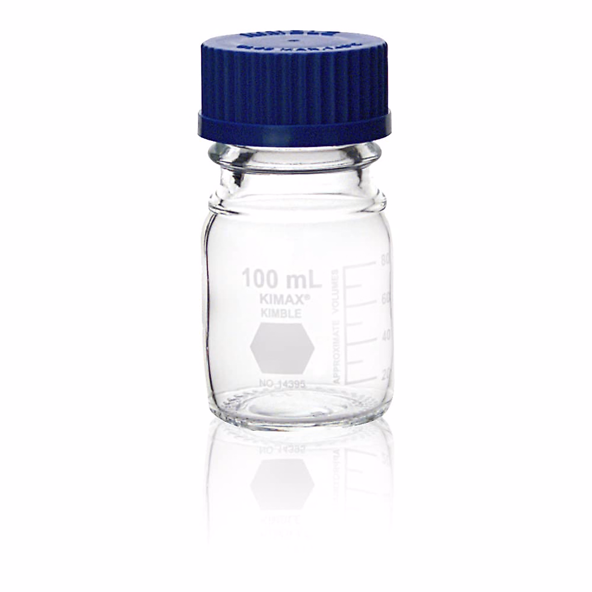 Kimble 14395-100 Borosilicate Glass GL-45 Media/Storage Bottle With Blue Polypropylene Screw Thread Cap, 100mL (Case of 10)
