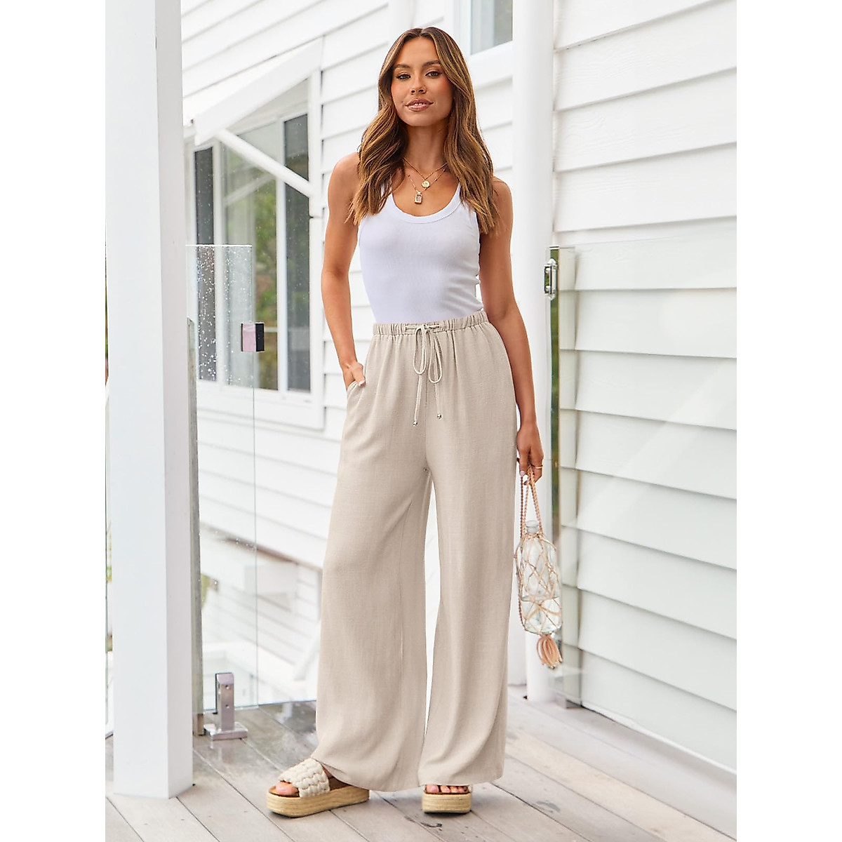 LILLUSORY Linen Wide Leg Pants Womens Palazzo Flowy Beach Vacation 2025 Summer Spring Fashion Outfits Clothes Clothing Trendy Skirt Cruise High Waisted Bohemian Travel Trousers with Pockets Apricot