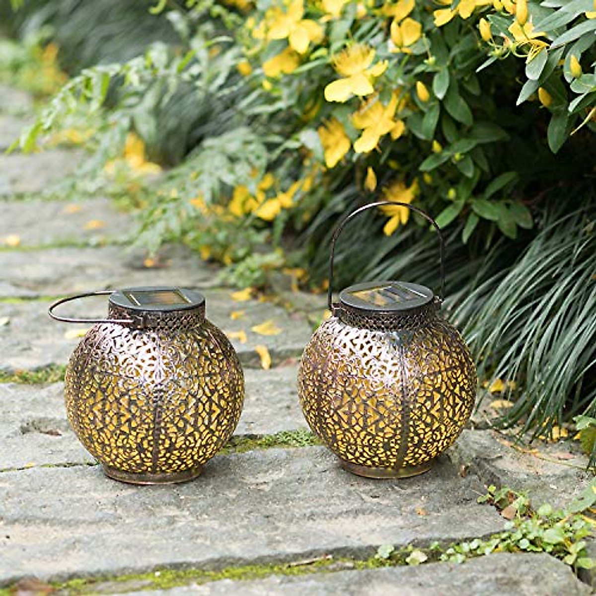 Homeimpro 2 Pack Solar Lantern Hanging Garden Outdoor Lights Metal Waterproof LED Table Lamp