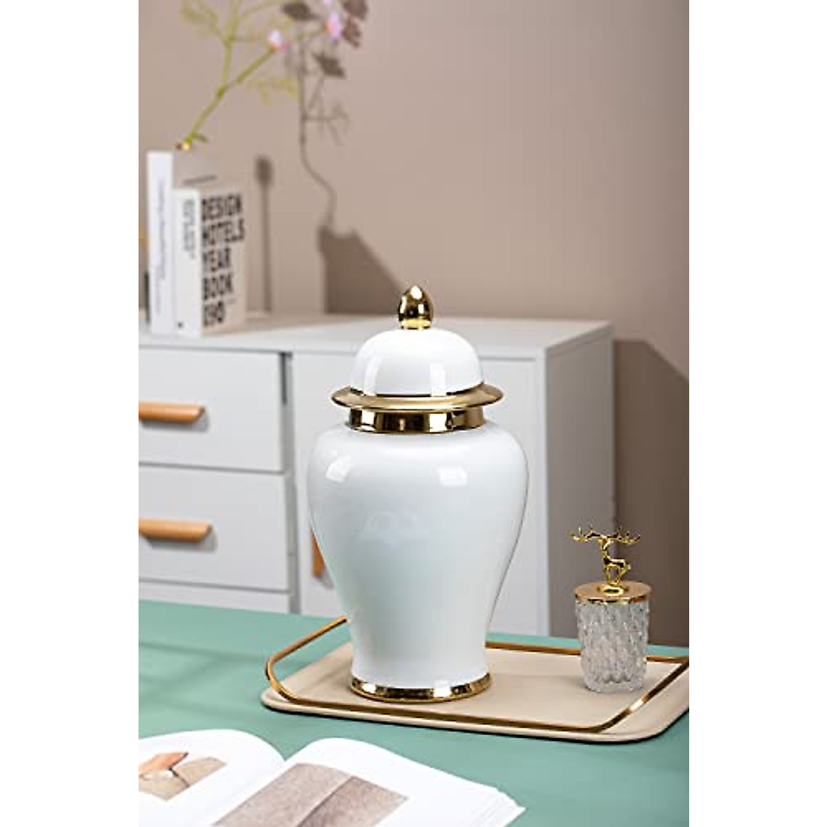 GaLouRo White Ginger Jar with Gold Trim, Ginger Jar Vase Decor for Centerpiece Table Decorations,Living Room Decor, Shelf Decor,15inches