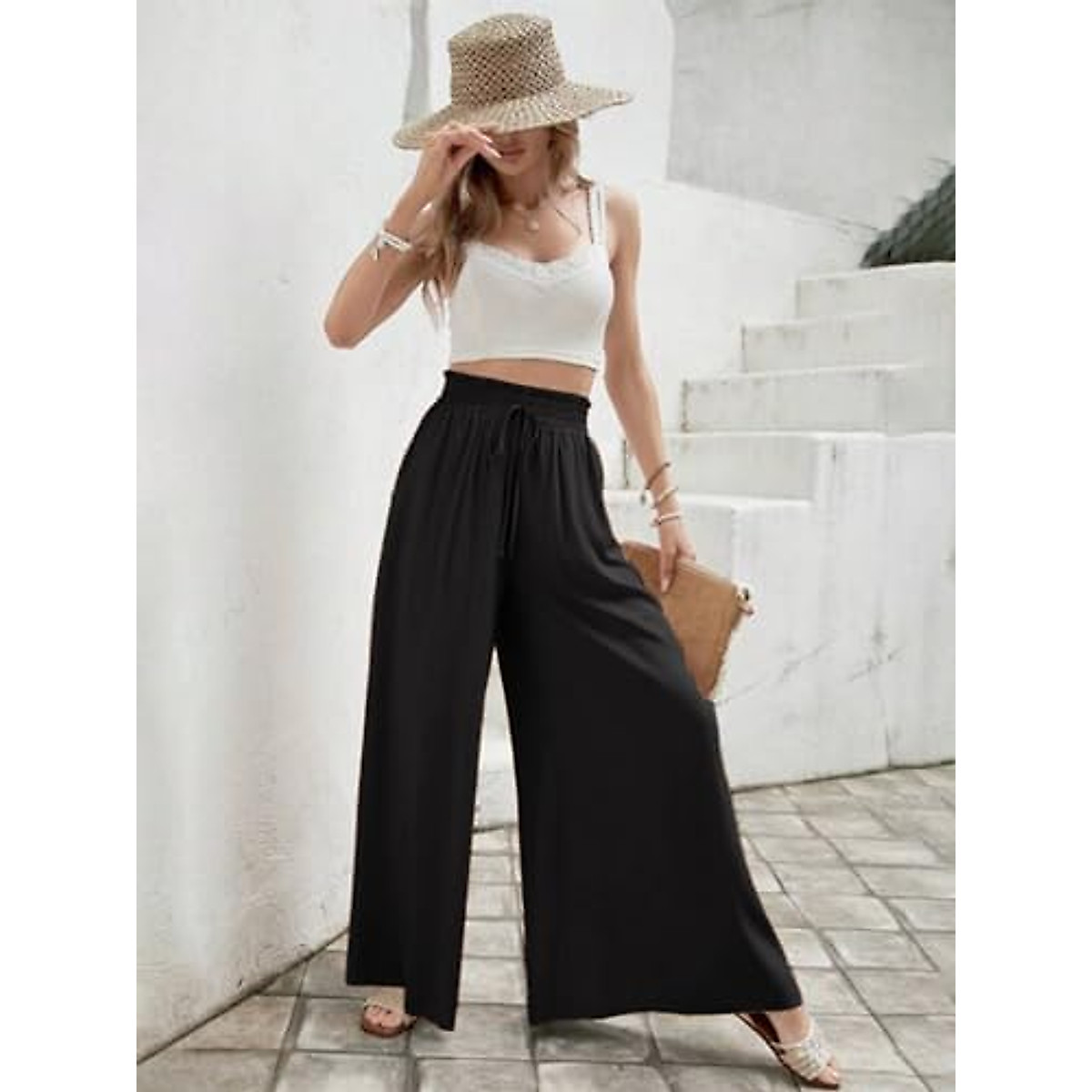 SEMARO Womens Casual Linen High Waist Pants Drawstring Loose Fit Summer Pants Trousers with Side Pockets Z-Black