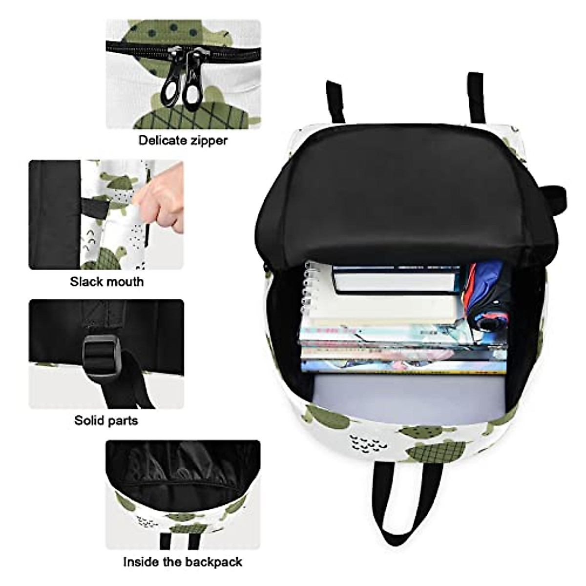 FOLIOSA Kid's Backpack Lunch Bag Set Green Turtle Print， Large Capacity Insulated Scratch-Resistant Backpack with Lunch Kit for School Work Suits for 6+ Years Teenager Boys Girls