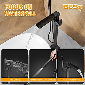 BESy Freestanding Bathtub Faucet Waterfall Tub Filler Oil Rubbed Bronze Floor Mount Brass Single Handle Bathroom Tub Faucets with 2 Function Hand Shower Wand