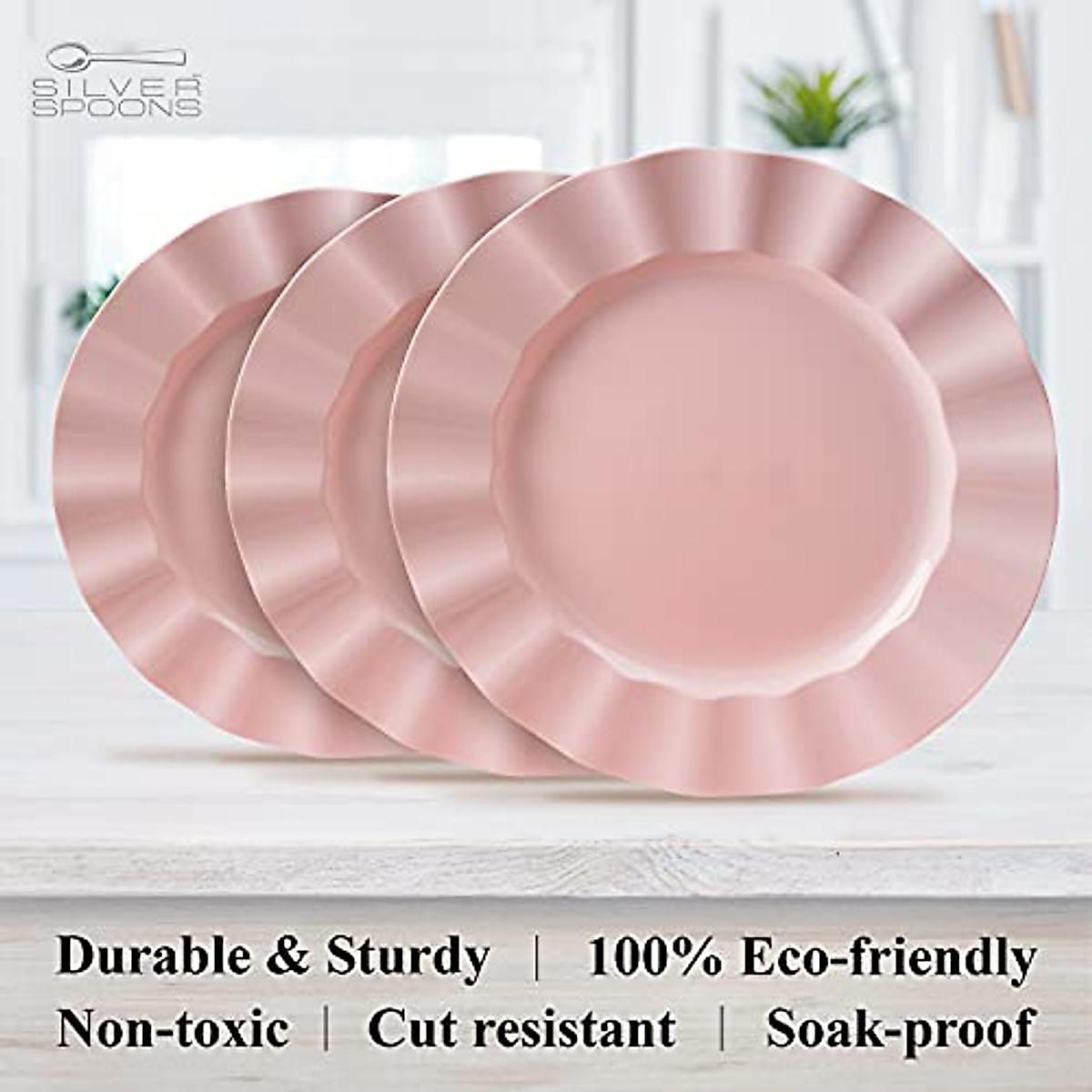 SILVER SPOONS Elegant Plastic Plates for Party with Scalloped Rim (10 PC), Disposable Heavy-Duty Dinner Plates for Wedding Reception - 11.25”, Fancy Plastic Dinnerware Sets - Pink