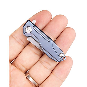 Samior HY002 Ultra Small Little Folding Pocket Flipper Knife, 1.3” D2 Damascus Blade, Blue Titanium Handle with Frame Lock, Mini EDC Keychain Necklace Knives (Blue)